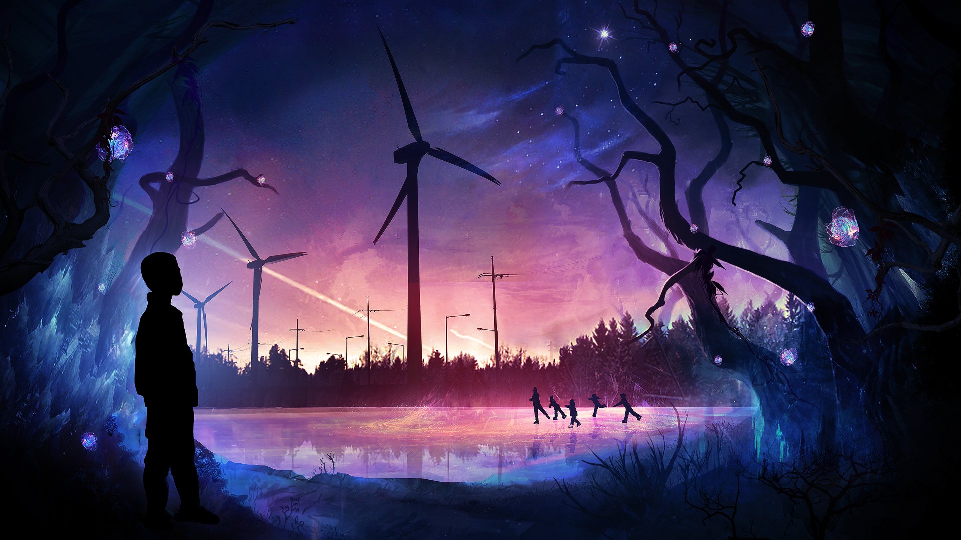Download Wind Turbine Fantasy Landscape HD Wallpaper by Martina Stipan