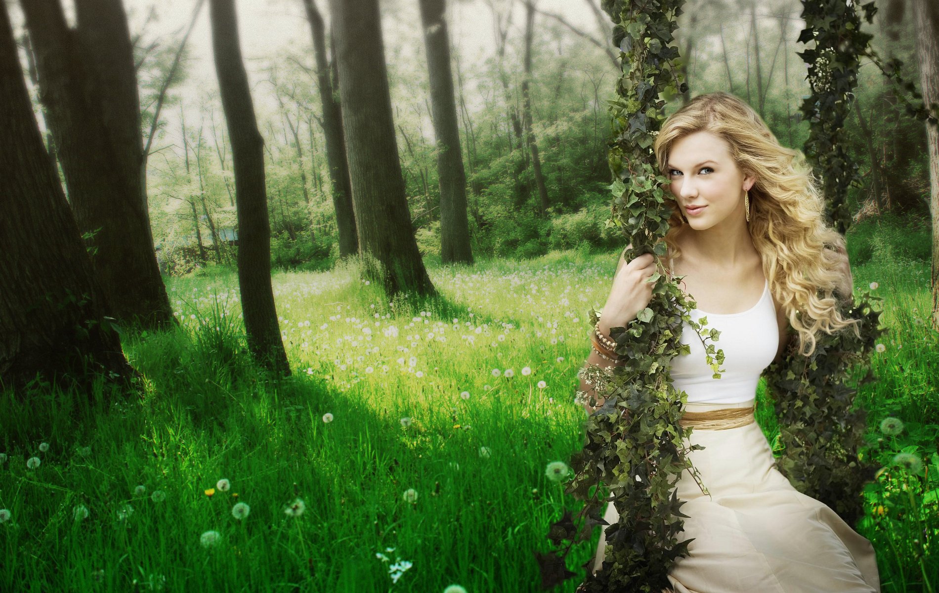 Taylor Swift Serenity: HD Music Wallpaper in a Lush Forest Setting