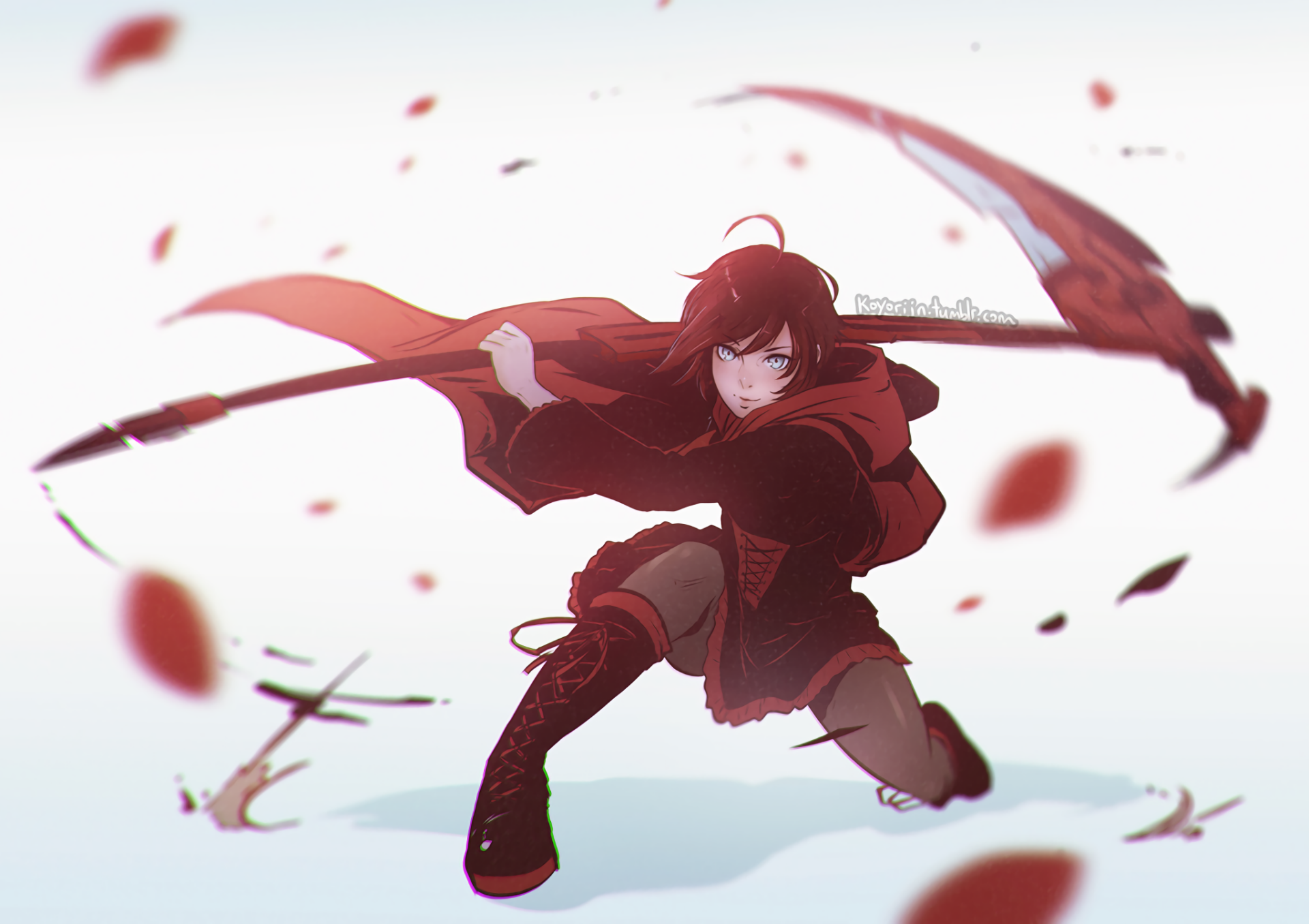 Ruby Rose RWBY HD Wallpaper – Dynamic Anime Action Scene by Koyorin