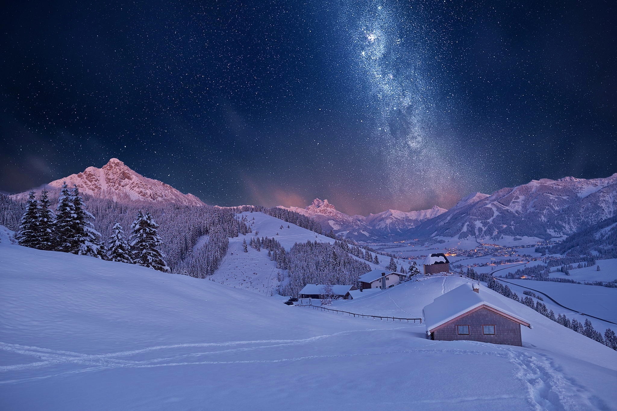 Winter Night Majesty: Starry Sky Over Snowy Mountain HD Wallpaper