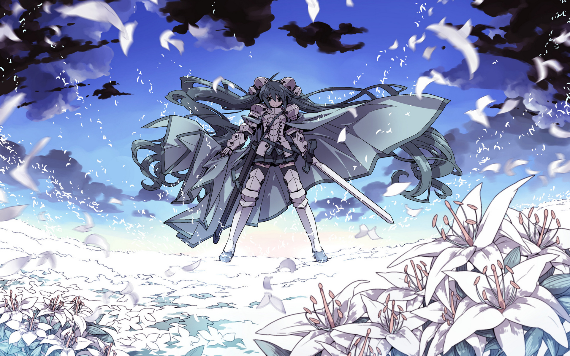 Download Blue Eyes Blue Hair Long Hair Sword Flower Woman Warrior ...