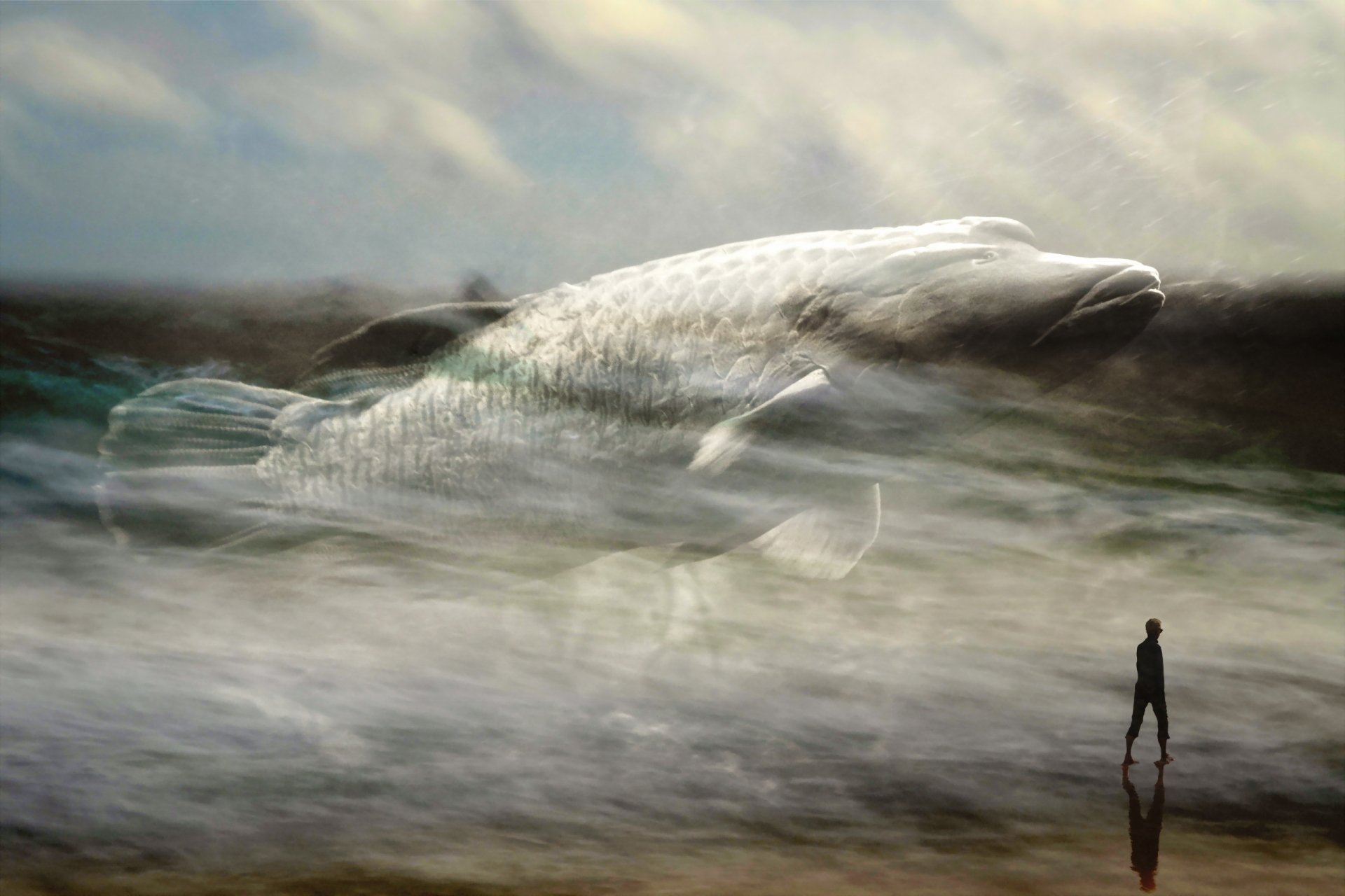 Enchanted Silhouette: The Giant Fantasy Fish in Misty Dreamscape