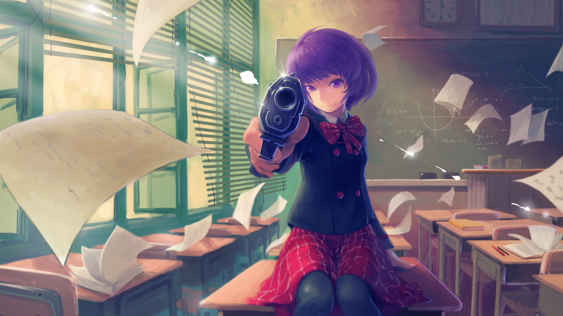 Purple Eyes & Hair: HD Anime Wallpaper in a Classroom Setting by 芒朔