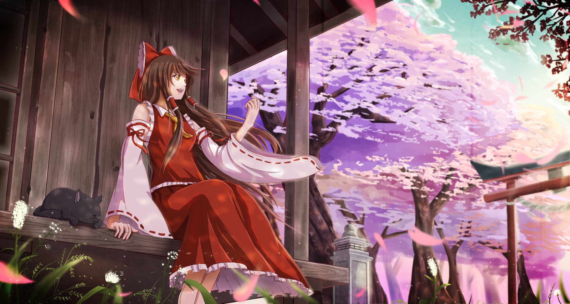Reimu's Serene Smile Beneath Cherry Blossoms – Anime Cat HD Wallpaper