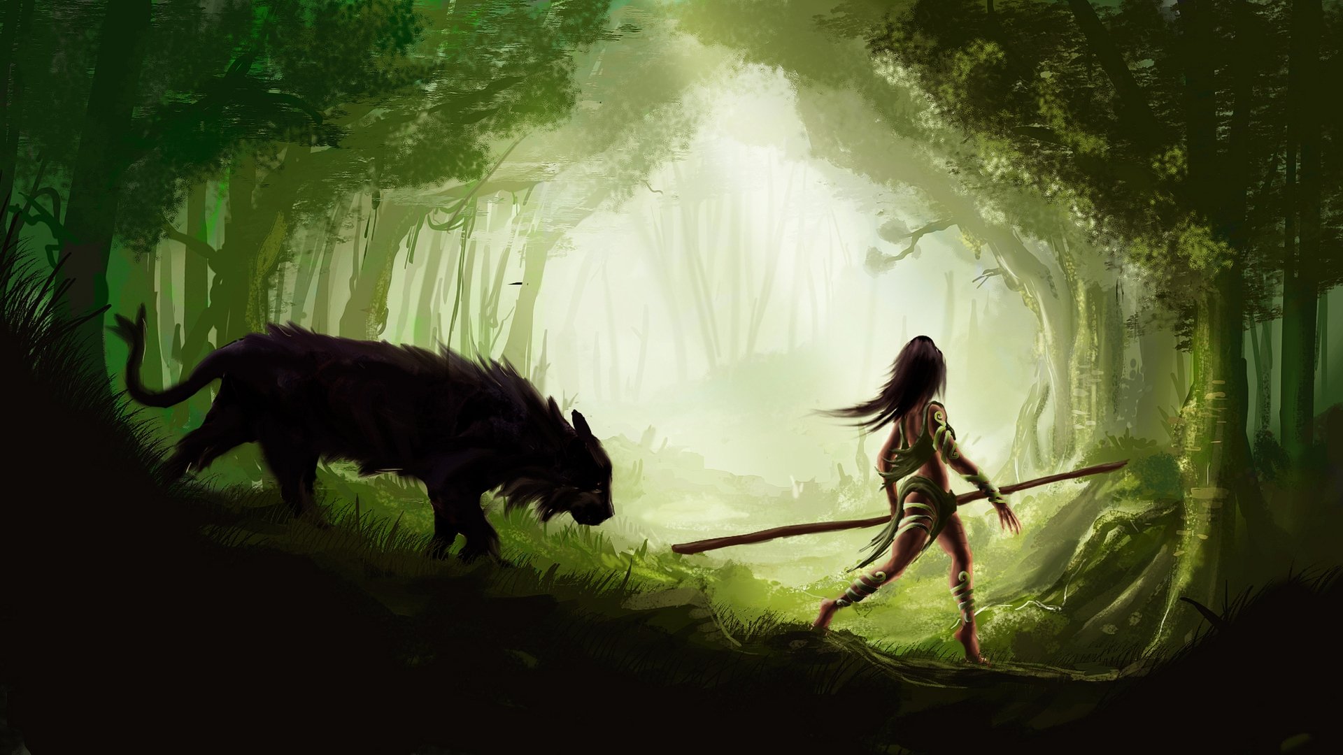 Fierce Woman Warrior and Mystical Cat Creature in Enchanted Forest ...