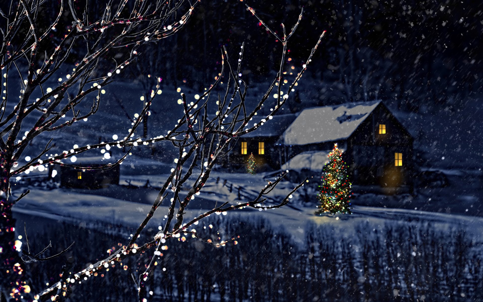Cozy Christmas Night: Snowy Tree Glow by the Holiday Cabin - HD Wallpaper