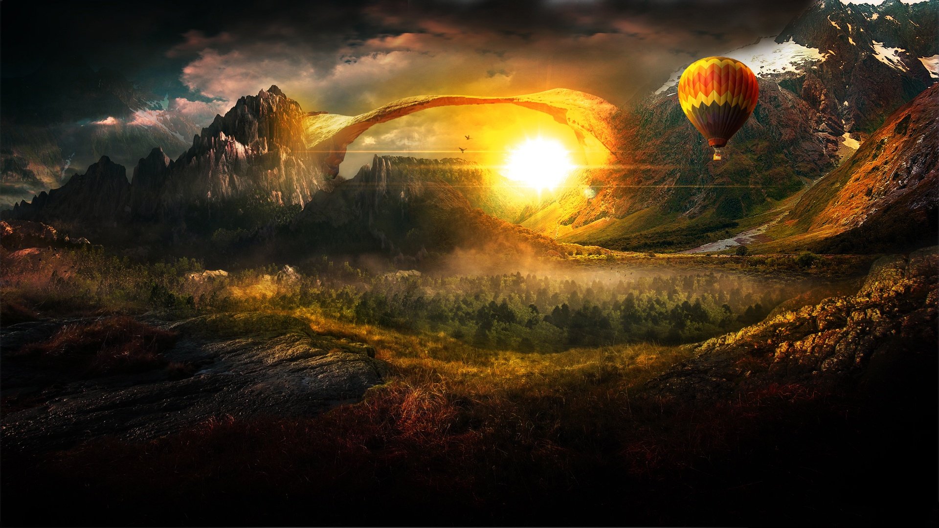 Epic Fantasy Landscape: Hot Air Balloon Over Mystical Mountain Forest ...