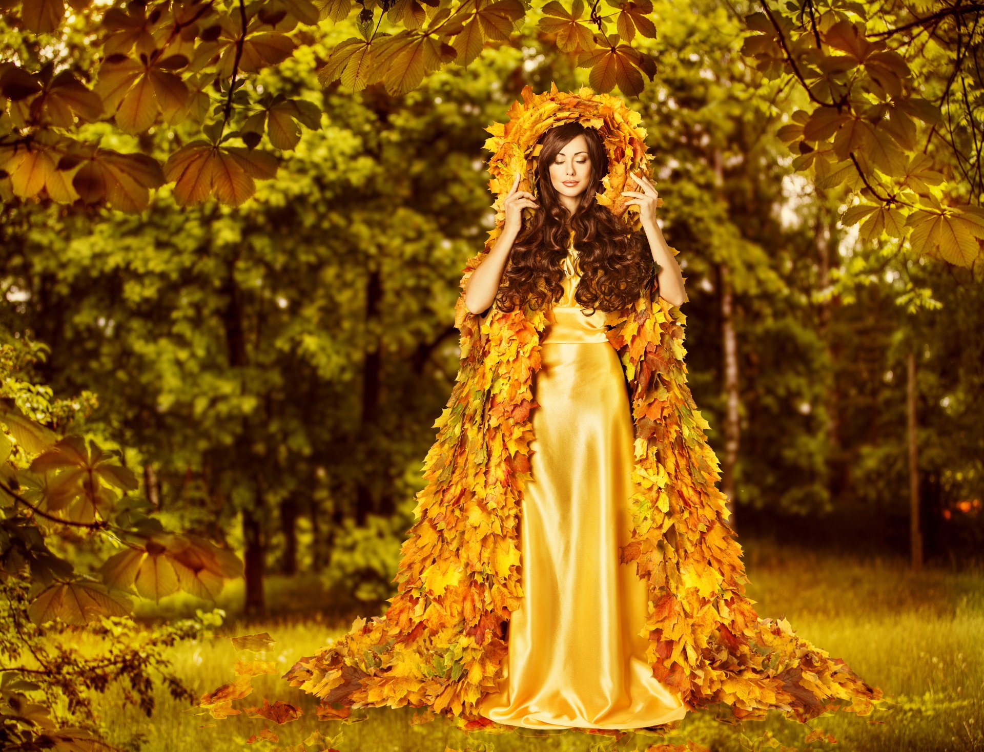 Download Curl Brunette Yellow Dress Leaf Fall Woman Artistic 8k Ultra ...