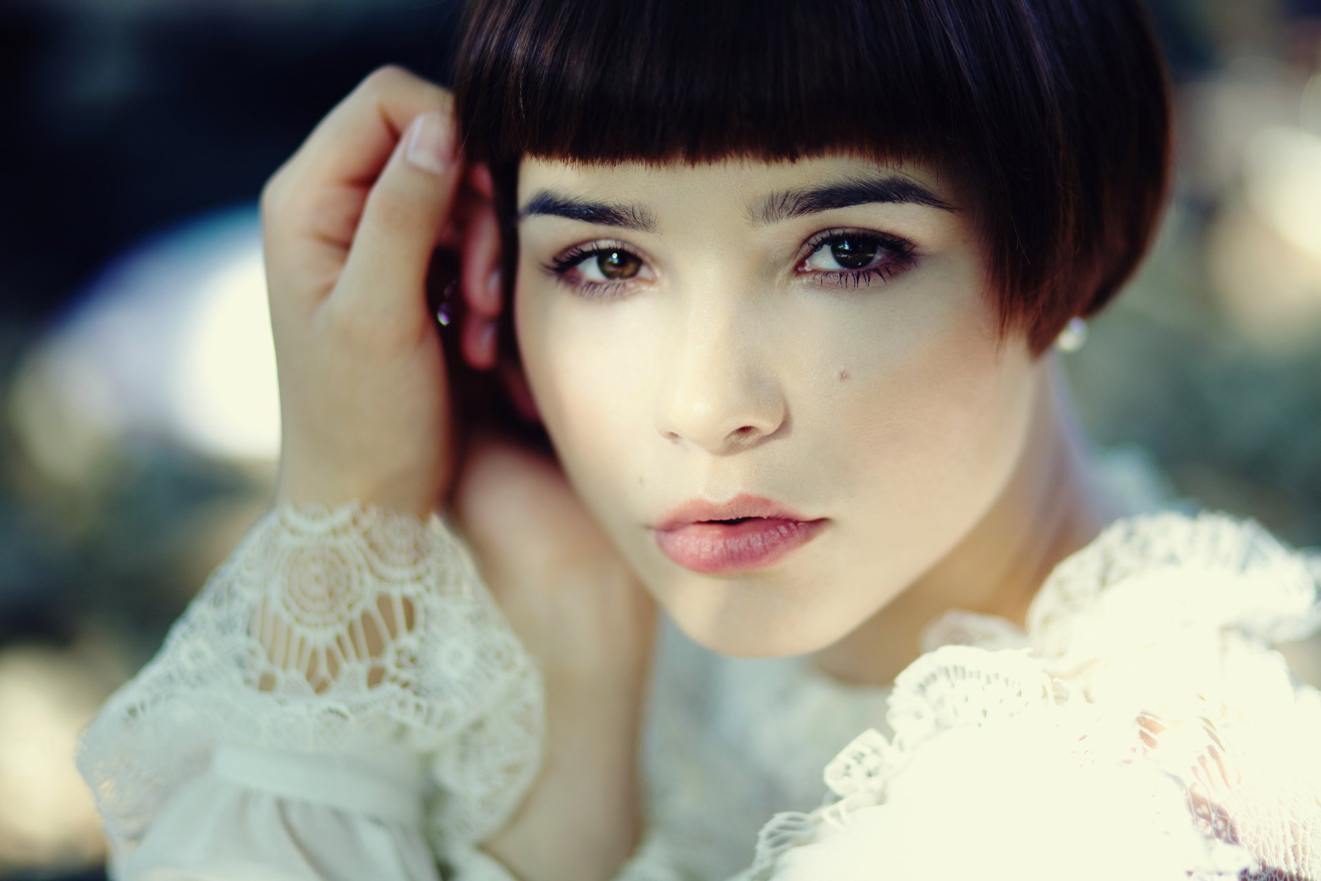 4K Ultra HD Portrait of a Brunette Woman with Captivating Brown Eyes