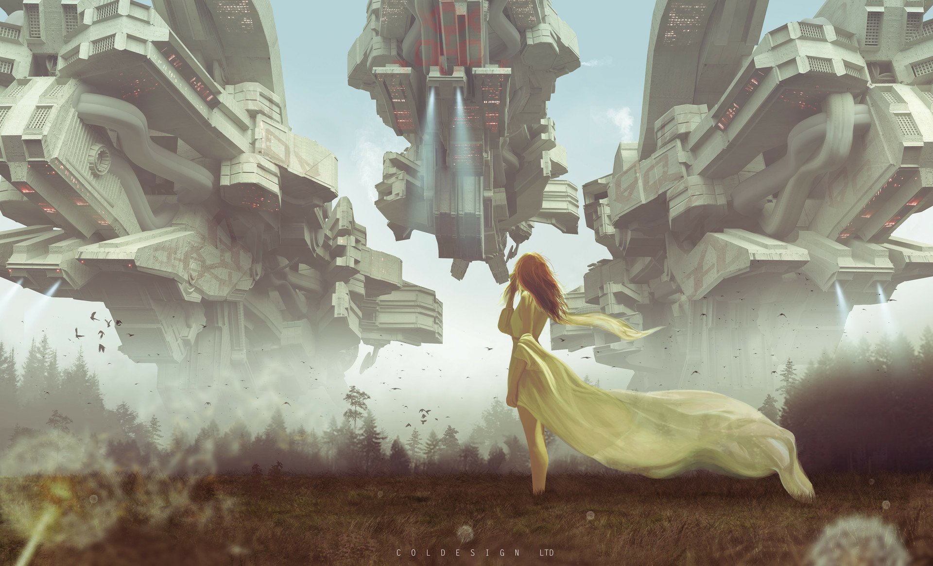 Sci-Fi Elegance: Woman in Flowing Dress Meets Futuristic Robot ...