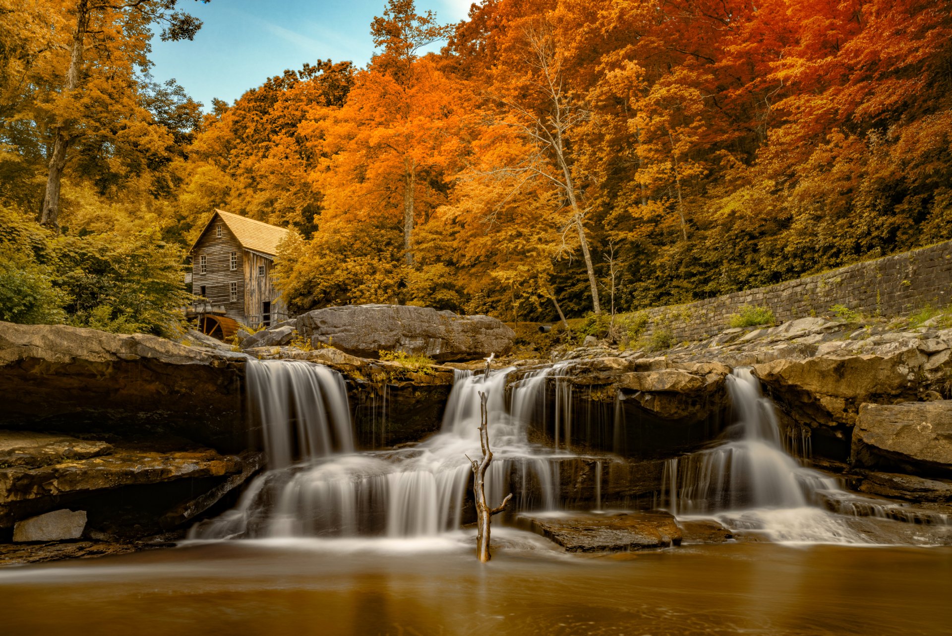 Autumn Serenity: Man-Made Watermill Waterfall HD Wallpaper