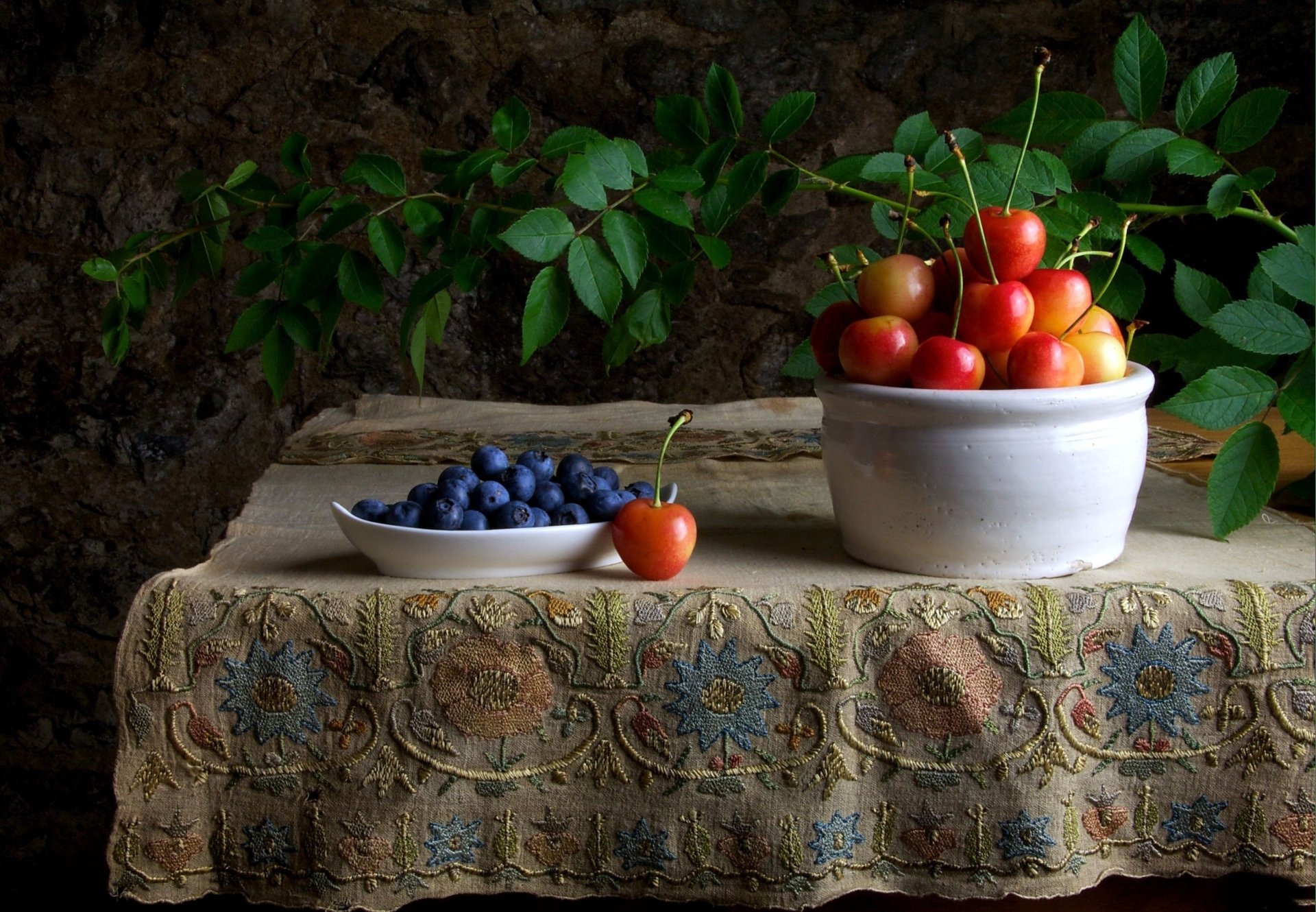 Vibrant Blueberries and Cherries with Leafy Greens – HD Still Life ...