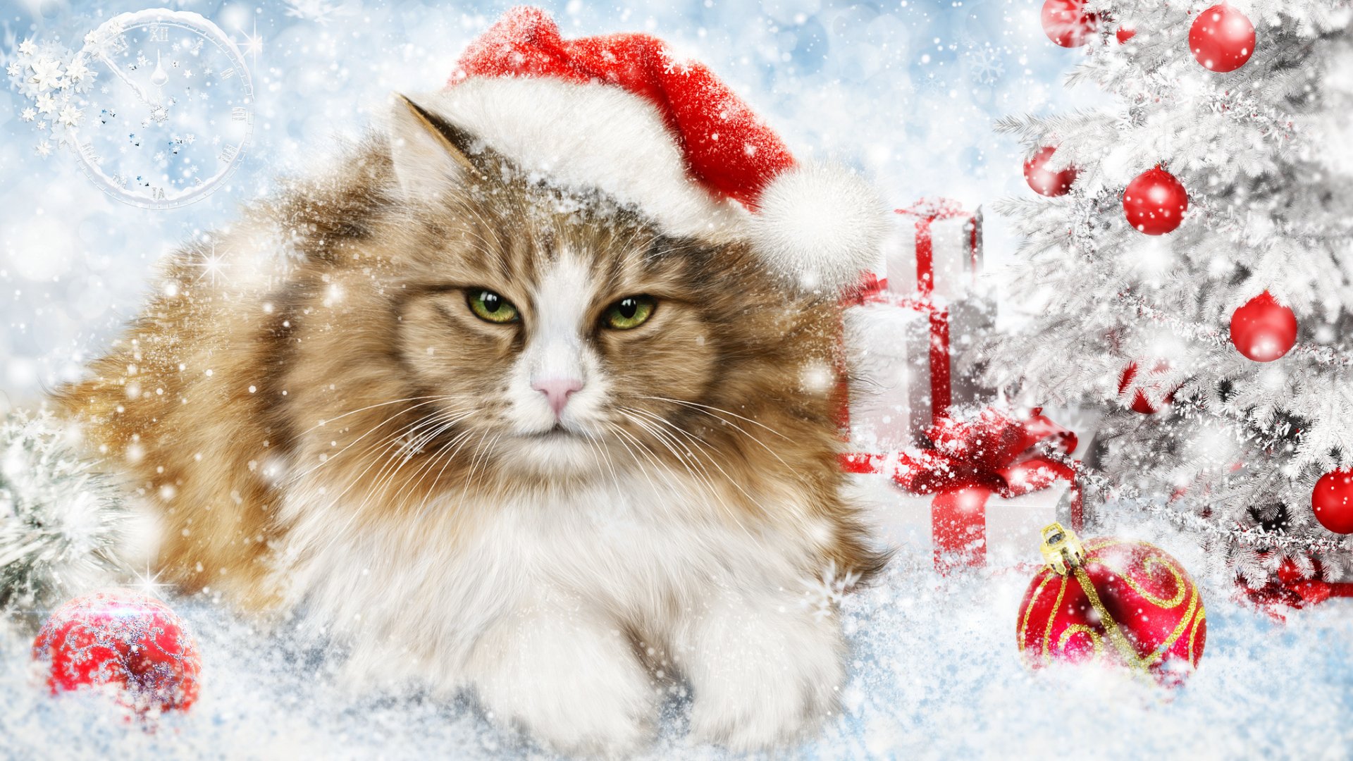Festive Cat with Christmas Ornaments - HD Wallpaper