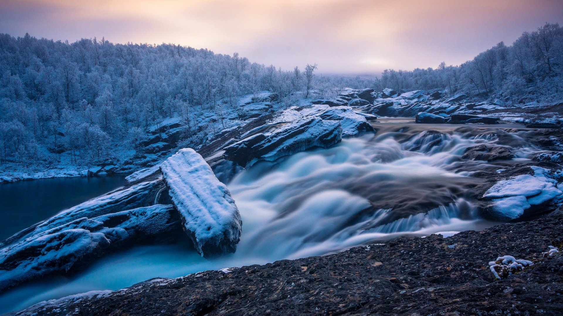 Winter Forest Stream: Serene Foam Flow HD Wallpaper | 2048x1152 ...