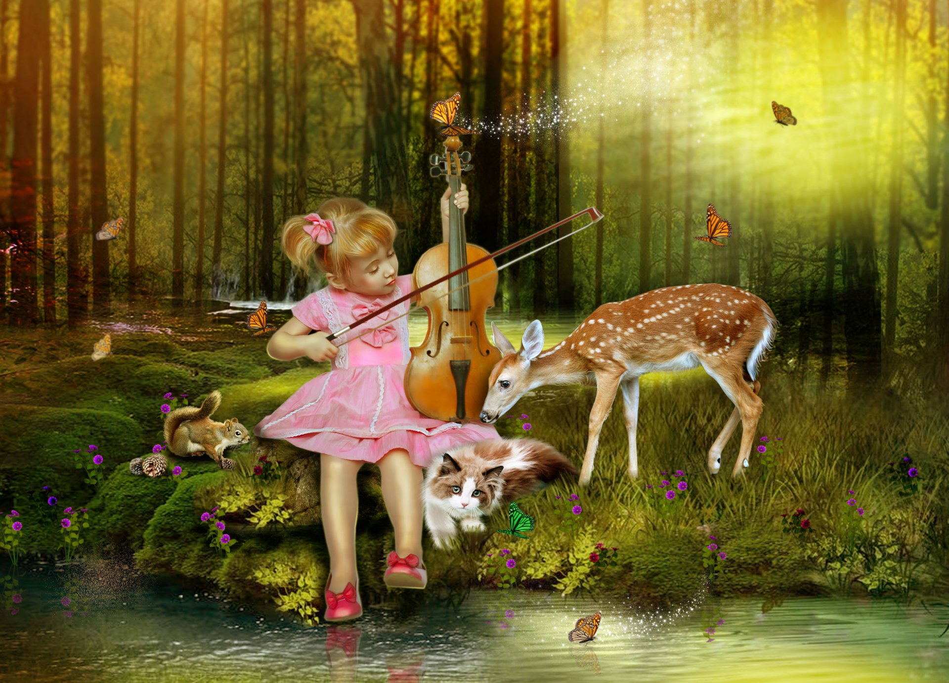 Download Violin Cat Fawn Deer Forest Little Girl Fantasy Child HD ...