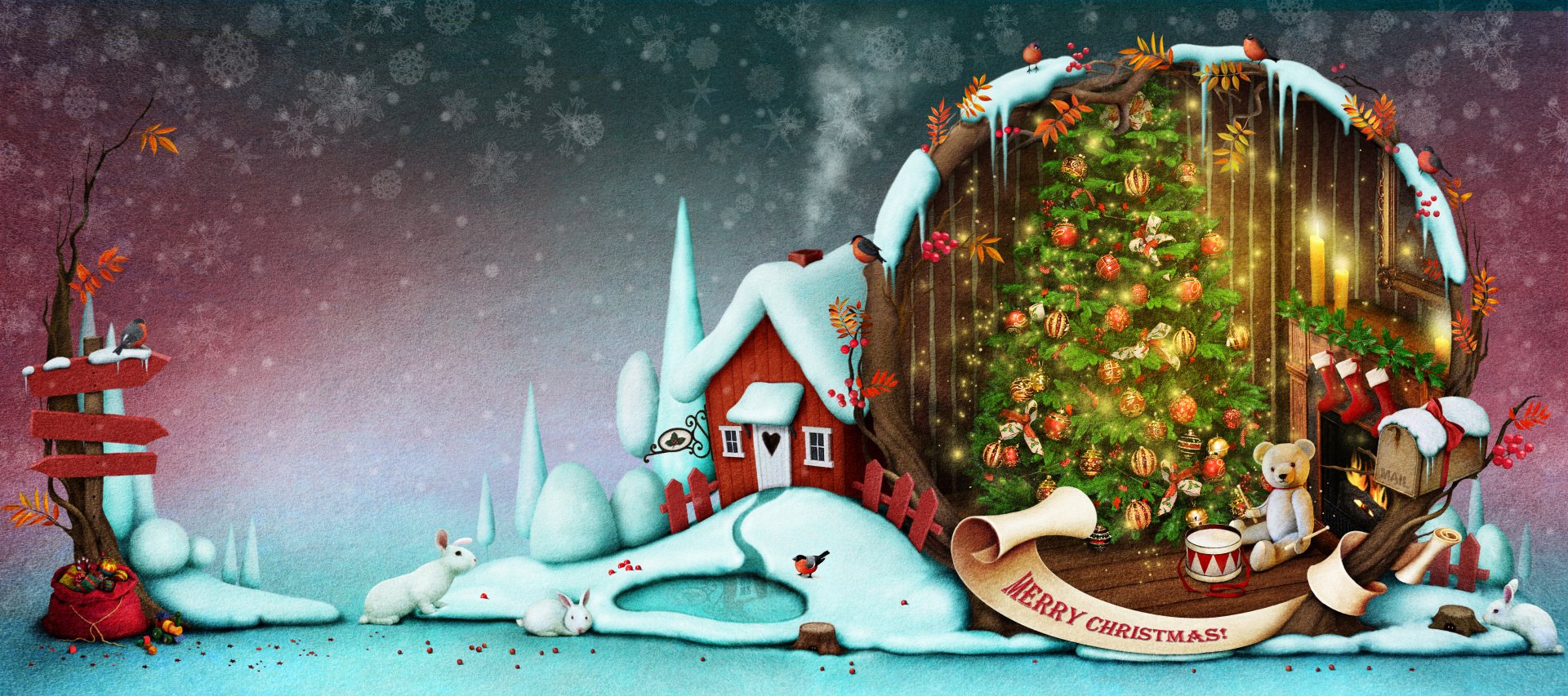 4K Ultra HD Merry Christmas Holiday Wonderland Wallpaper | 7315x3251 ...