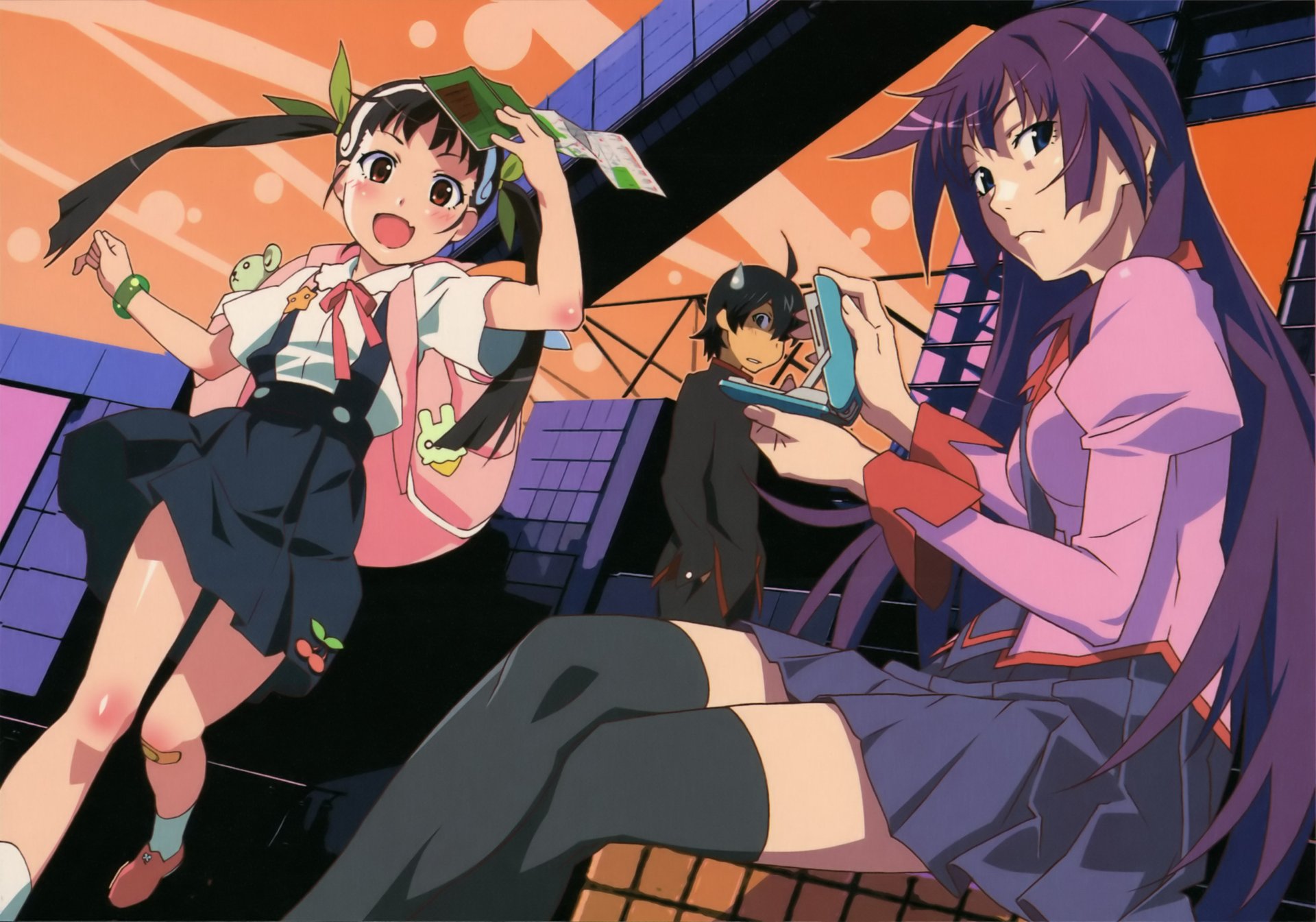 Monogatari HD Wallpaper: Koyomi, Hitagi & Mayoi in Black-Haired Anime Glow