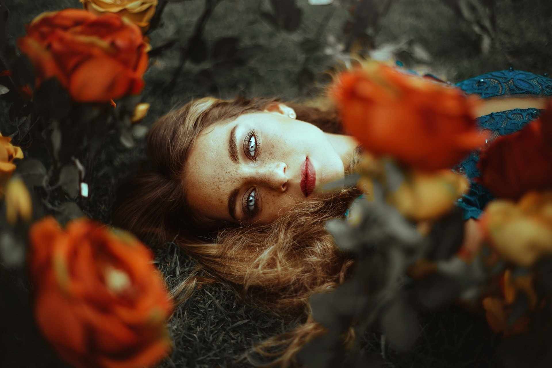 Download Redhead Lipstick Blue Eyes Freckles Flower Lying Down Woman ...