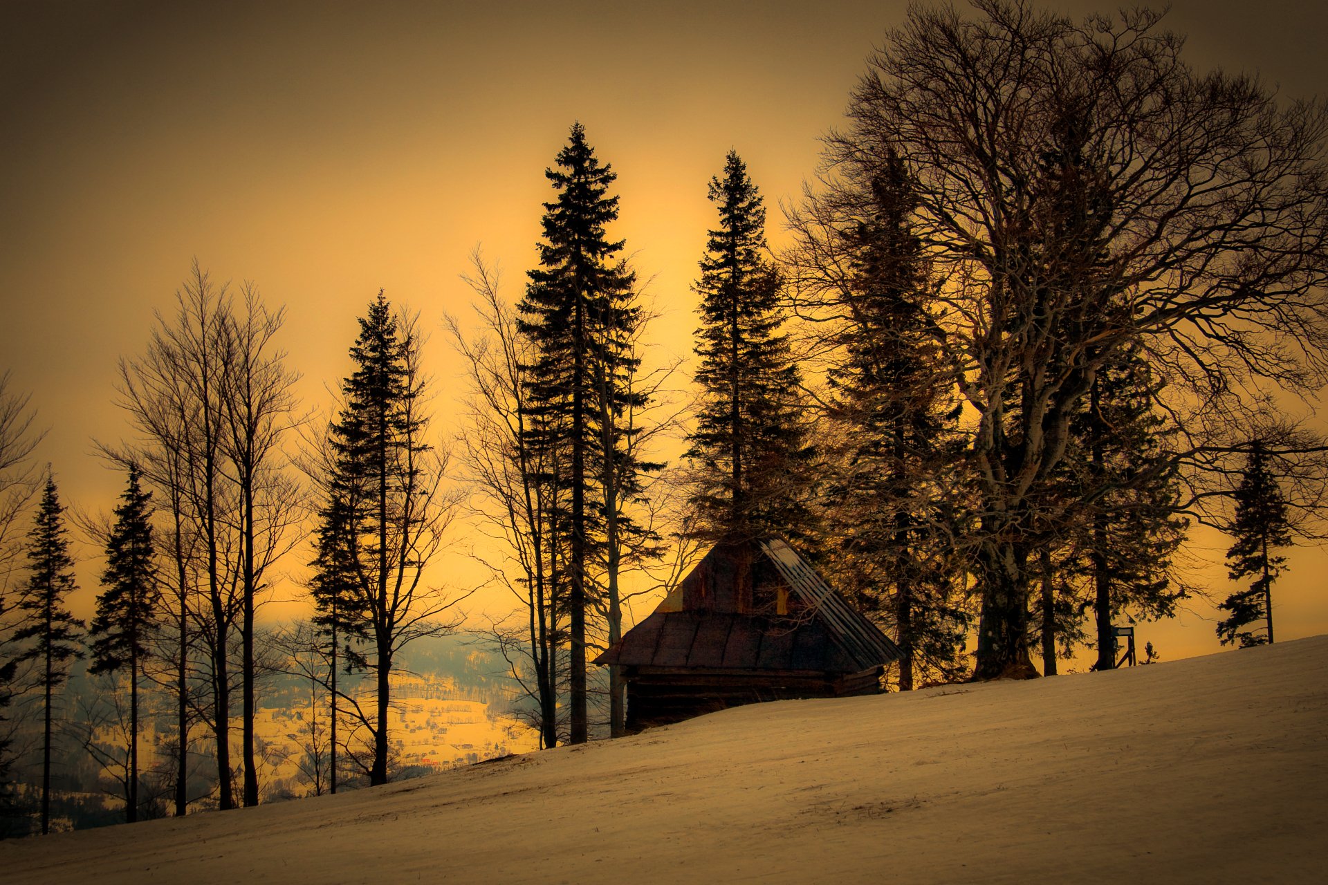 Download Dusk Twilight Snow Tree House Man Made Cabin HD Wallpaper by ...