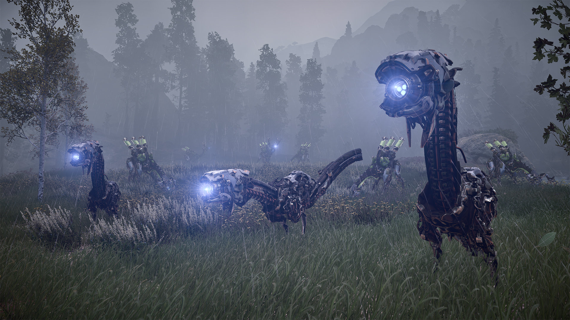 Horizon Zero Dawn HD Wallpaper: Mechanical Creatures in Misty Wilderness