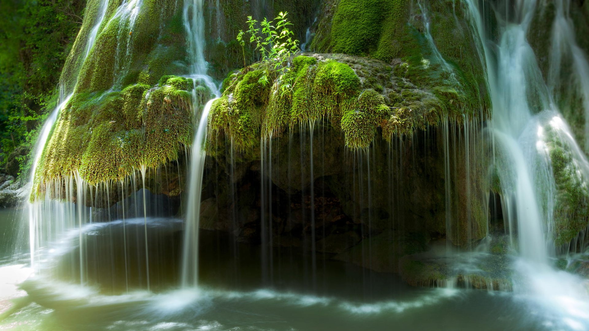Download Moss Green Nature Waterfall HD Wallpaper