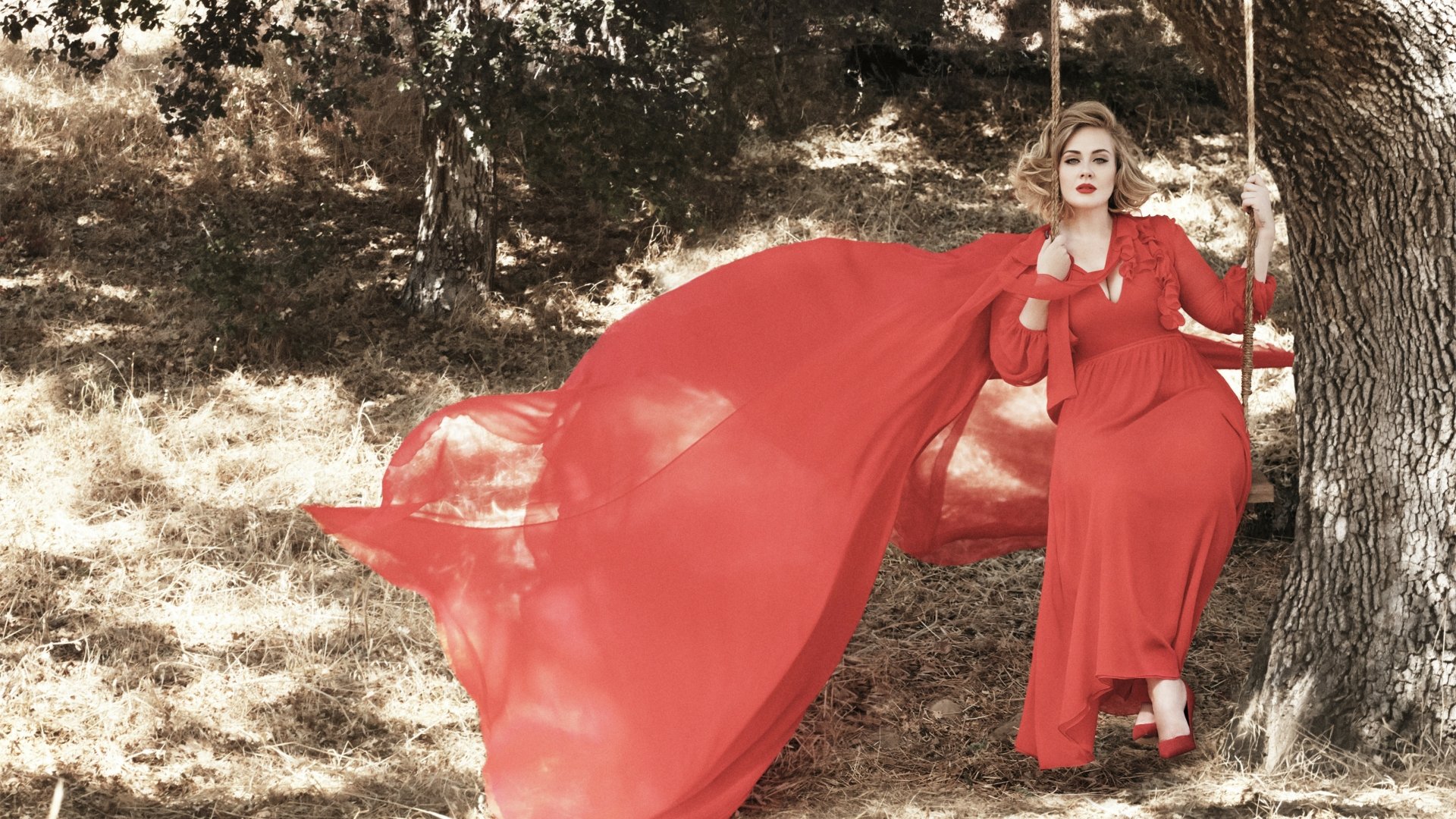 Adele in Red Dress Swing - 4K Ultra HD Wallpaper