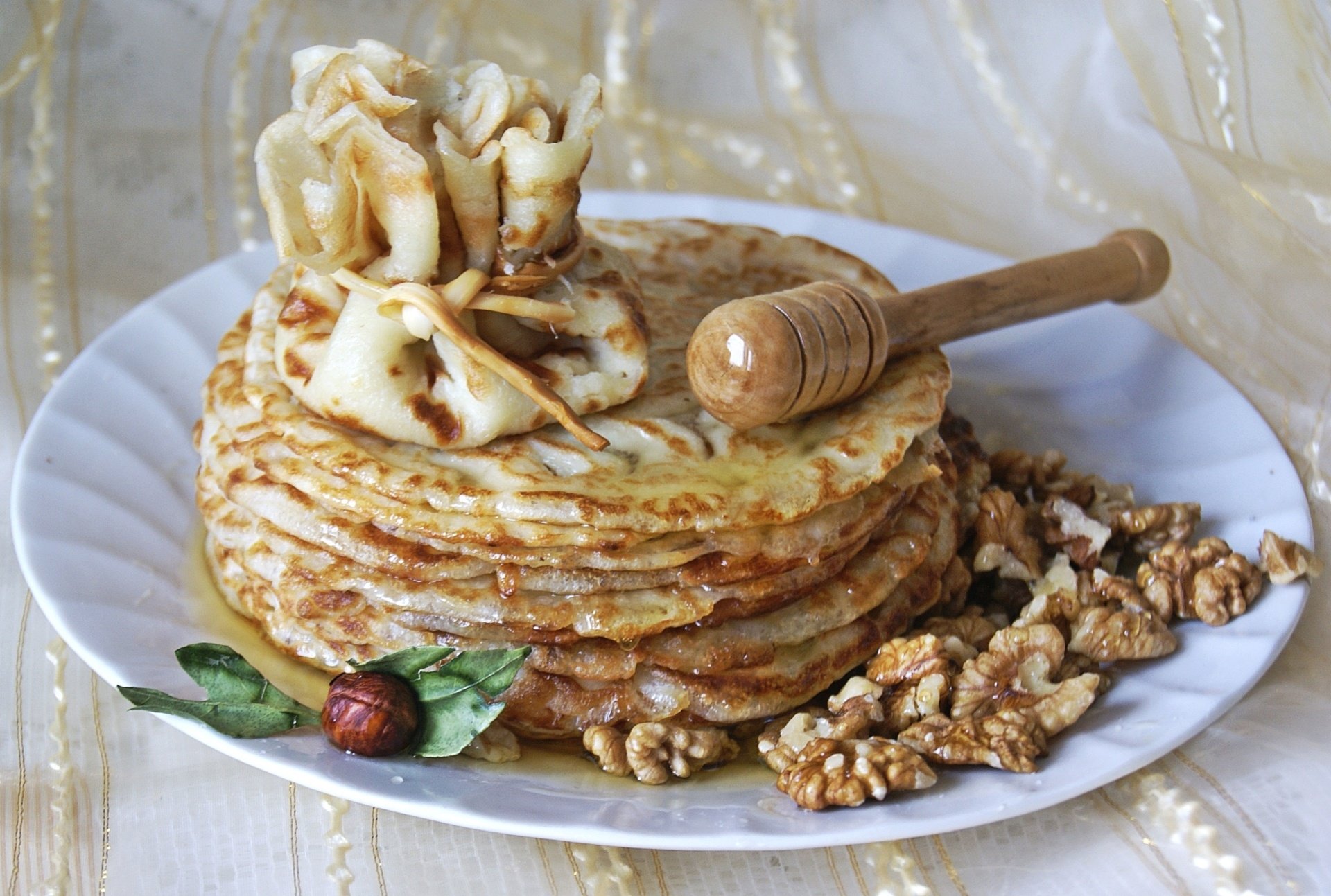 Golden Honey Drizzled Crêpes with Crunchy Nuts – HD Food Still Life