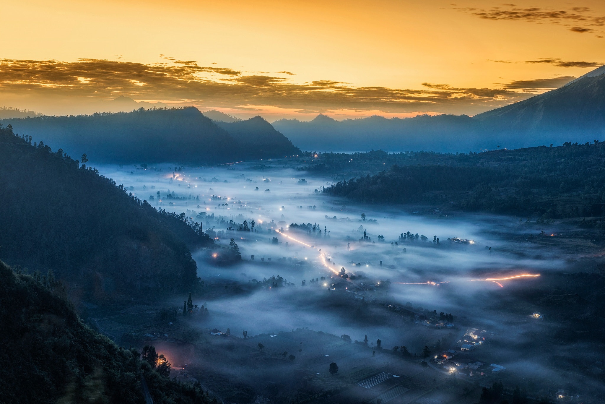 Download Mountain Valley Night Fog Photography Landscape HD Wallpaper