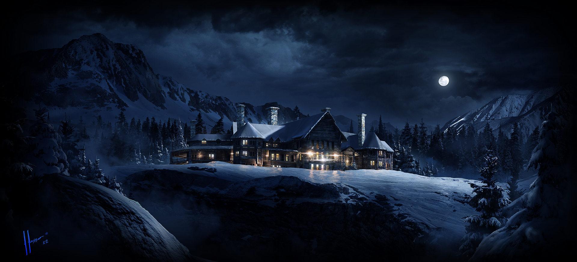 Download Cloud Mountain Moon Night Snow Winter Man Made House Winter Night HD Wallpaper by Jaime ...