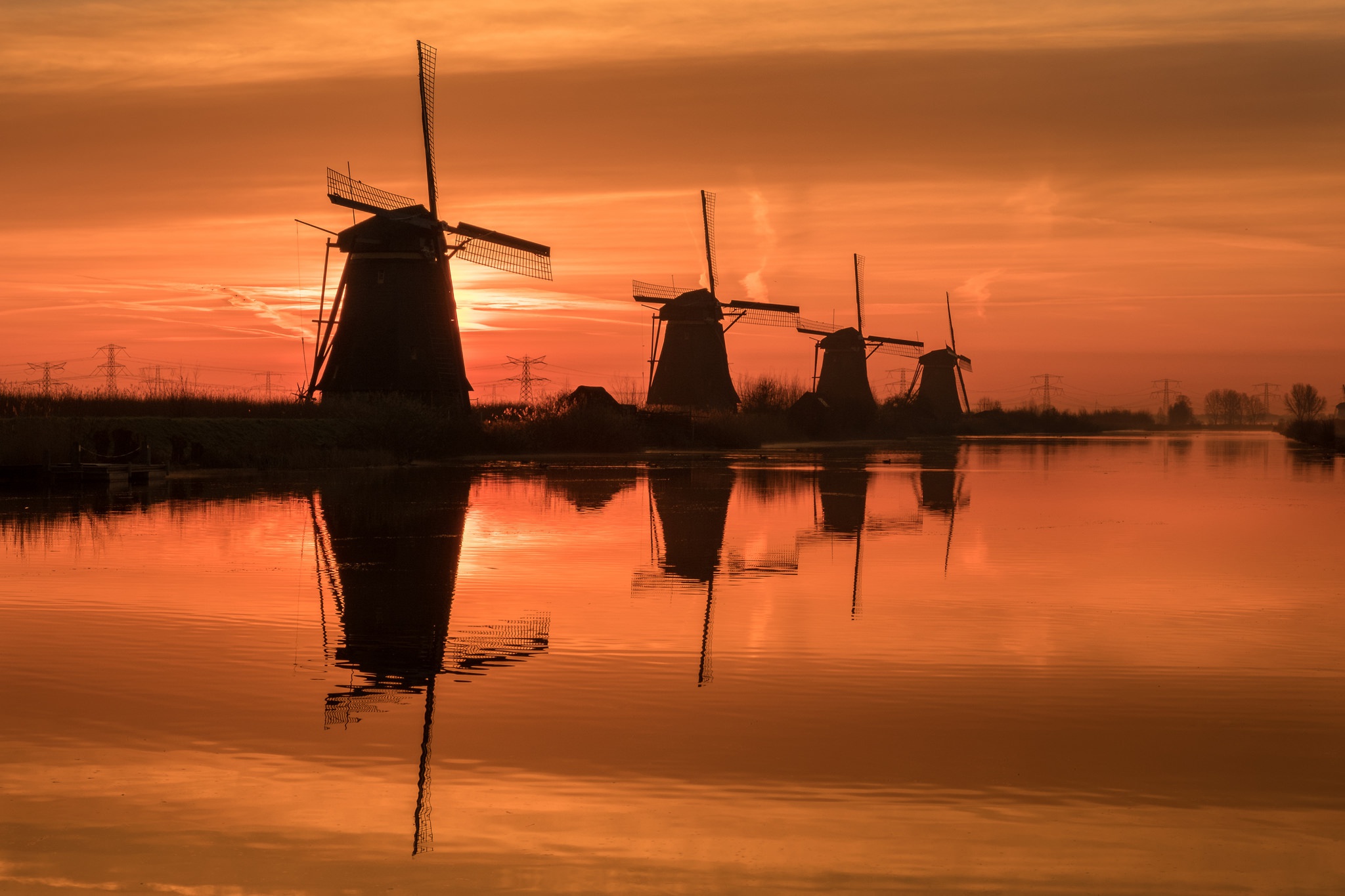 Windmill Reflection River Sunset Windmill In The Netherlands.