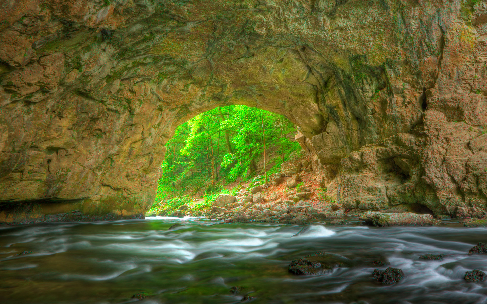 Download River Stone Nature Cave HD Wallpaper