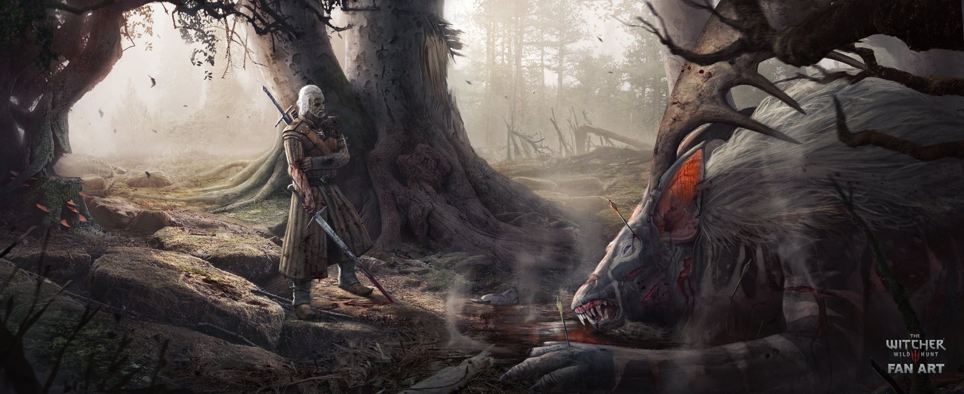 Geralt Faces Ferocious Beast – Witcher 3 HD Wallpaper Warrior Showdown by Mobo Boehme