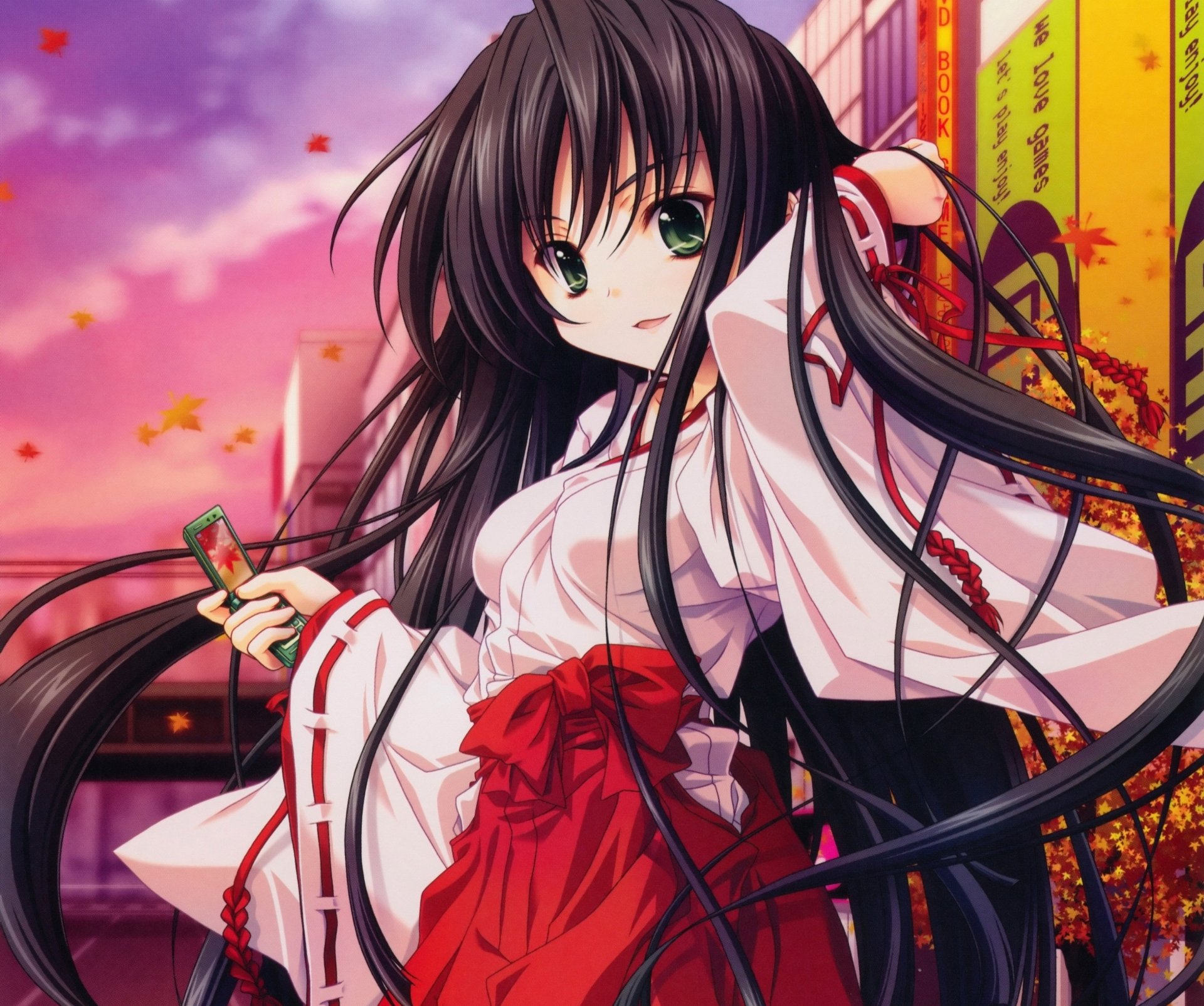 Download Smile Black Hair Long Hair Green Eyes Miko Outfit Anime ...