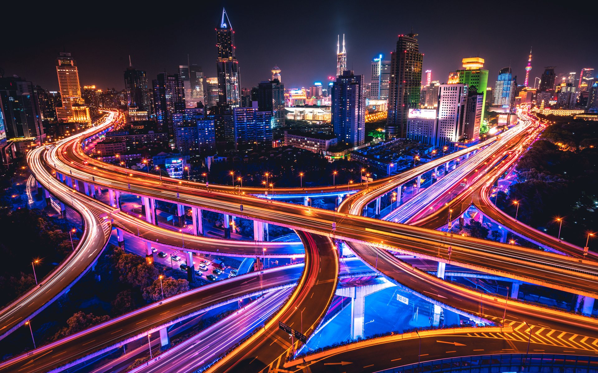 Shanghai Light-Trail Skyline — 2K Night Overpass | 2560x1600 ...