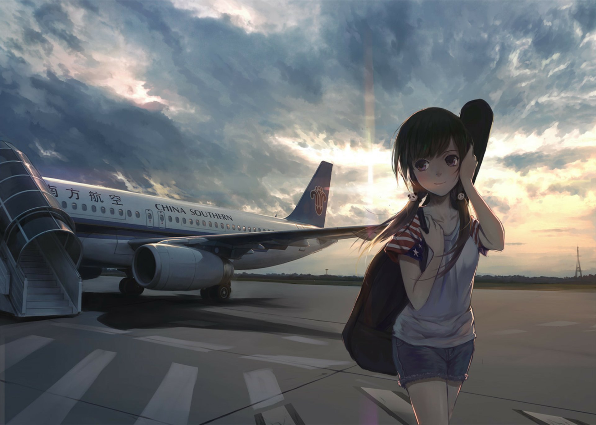 Sunlit Skies: Anime Girl with Black Hair at the Airport HD Wallpaper by ...