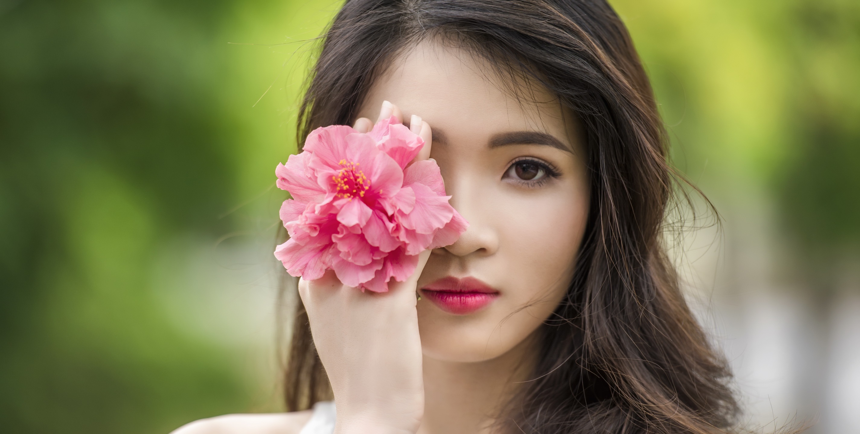 Download Depth Of Field Pink Flower Flower Brown Eyes Brunette Asian