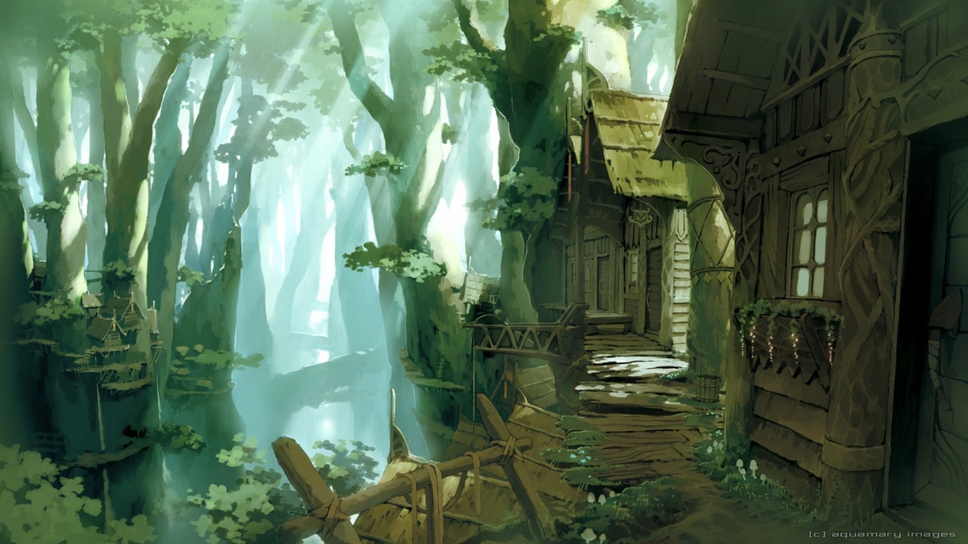 Enchanting Anime Forest: Scenic Treehouse HD Wallpaper