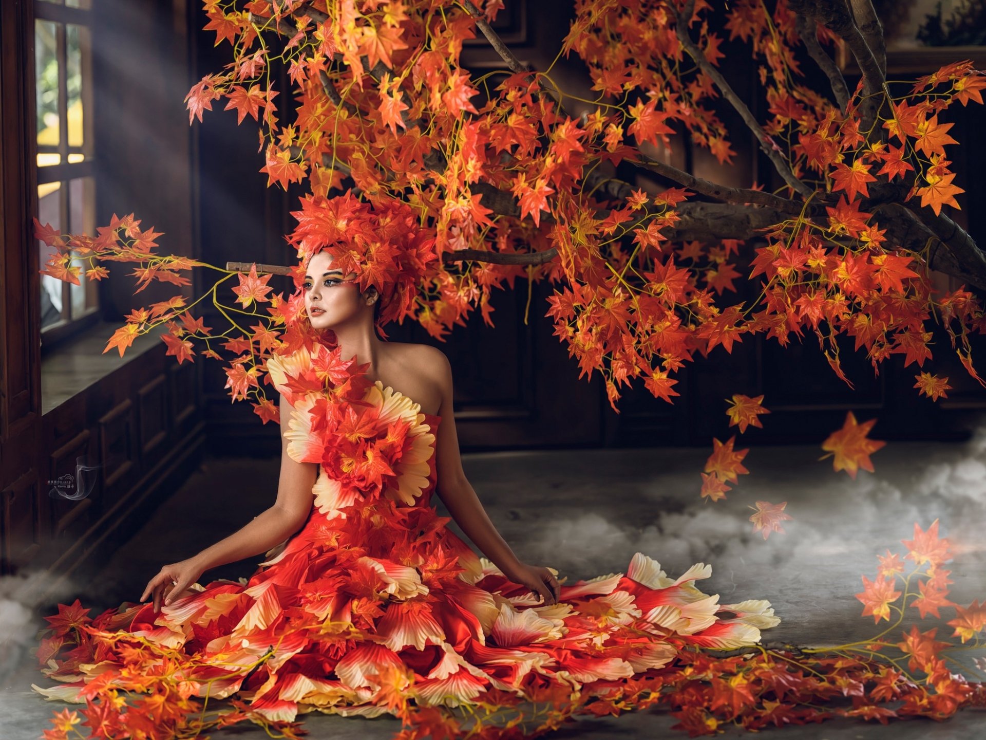 Download Orange Dress Leaf Fall Model Woman Artistic HD Wallpaper