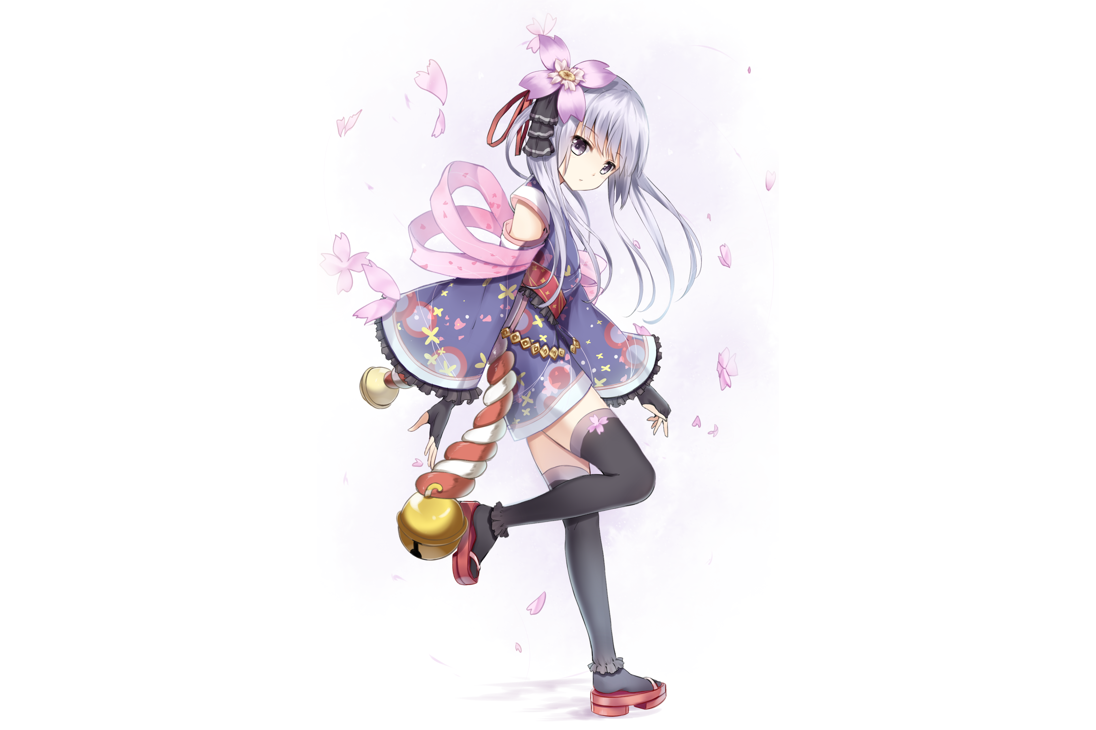 Download Bell Flower Ribbon Yukata Long Hair White Hair Thigh Highs ...