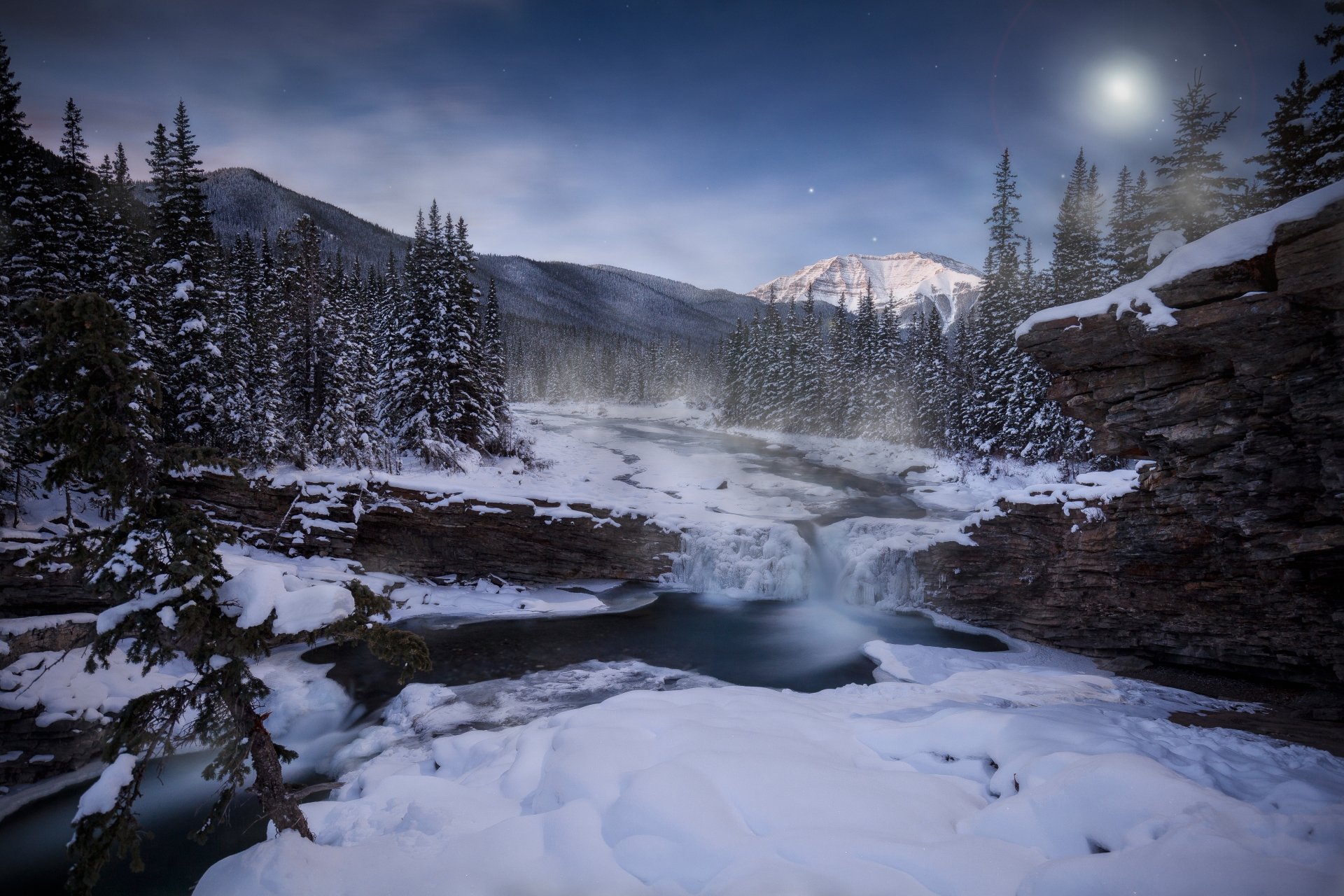 Winter's Moonlit Mountain River | 4K Ultra HD Snowy Forest Nightscape