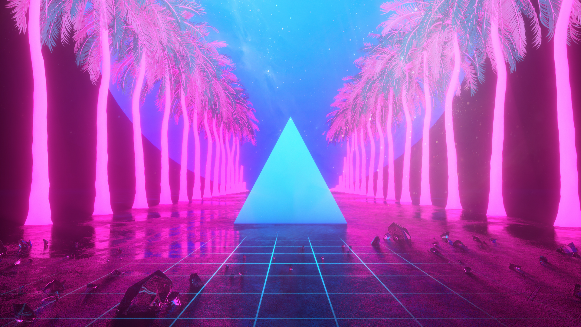 Retrowave Oasis: Neon Pyramid Under Starry Palm Reflections – 4K Ultra ...