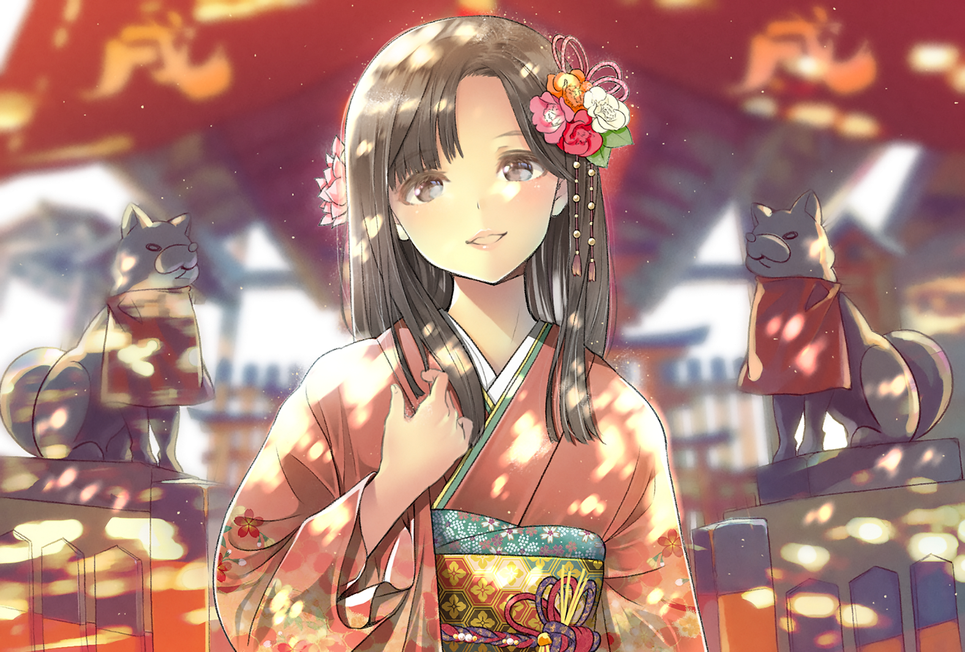 Elegant Anime Shrine Maiden with Ribbon and Statue – HD Original ...