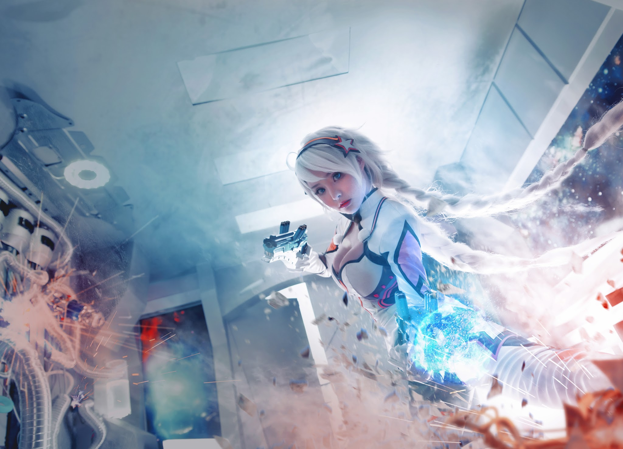 Futuristic White-Haired Cosplay Warrior with Braid – HD Fantasy Wallpaper