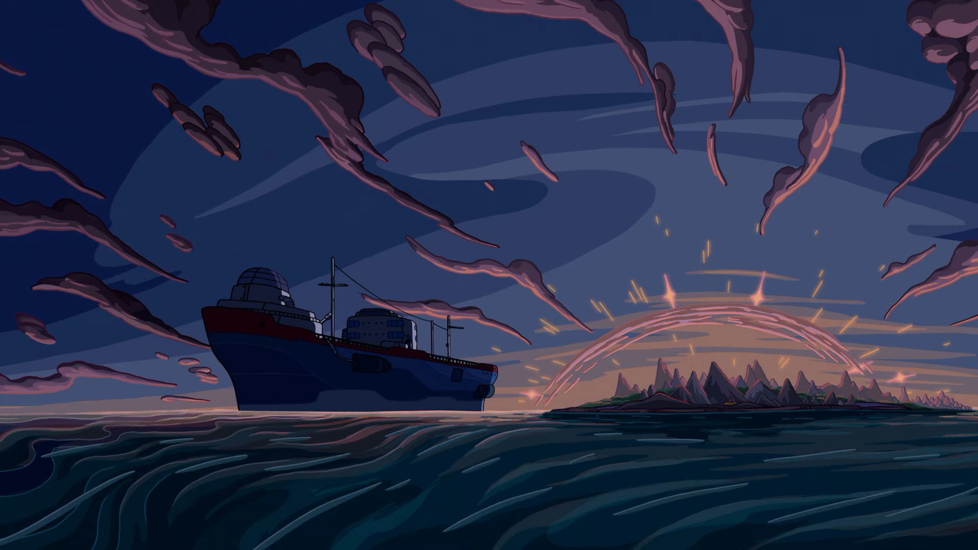 Adventure Time Ship HD Wallpaper: Twilight Voyage on the Ocean Horizon