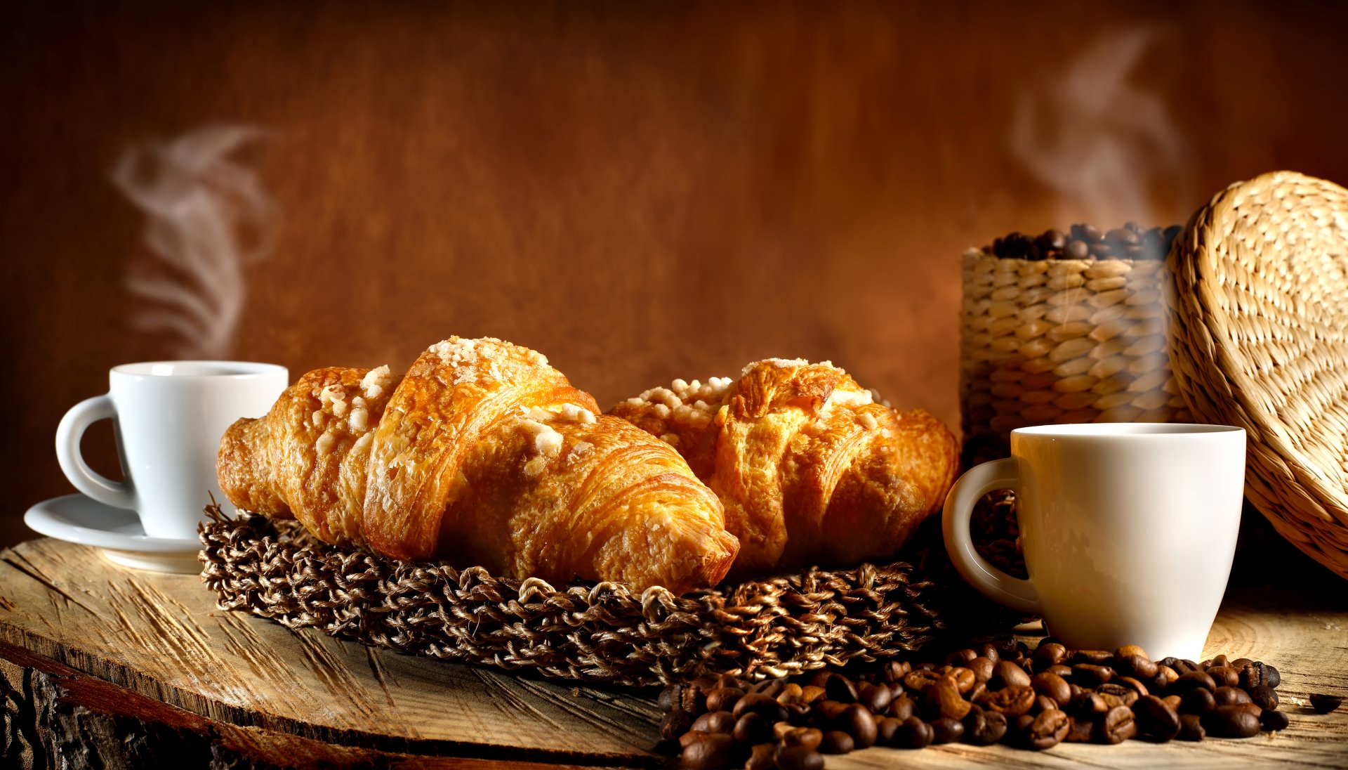 Download Still Life Cup Coffee Beans Viennoiserie Food Croissant 4k ...