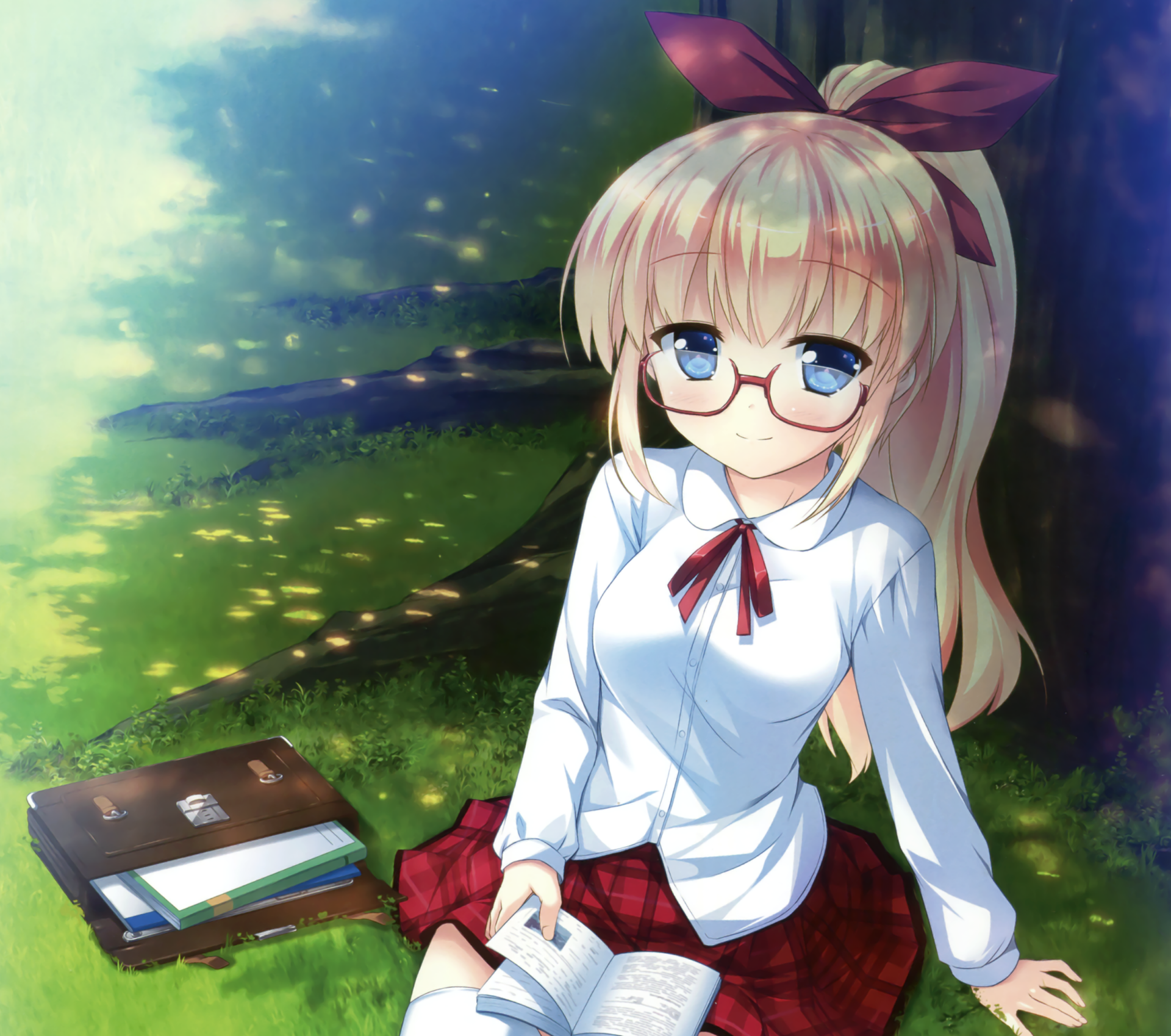 Sunlit Scholar: Blue‑Eyed Blonde in Ponytail — Glasses, Bow & Books (HD ...