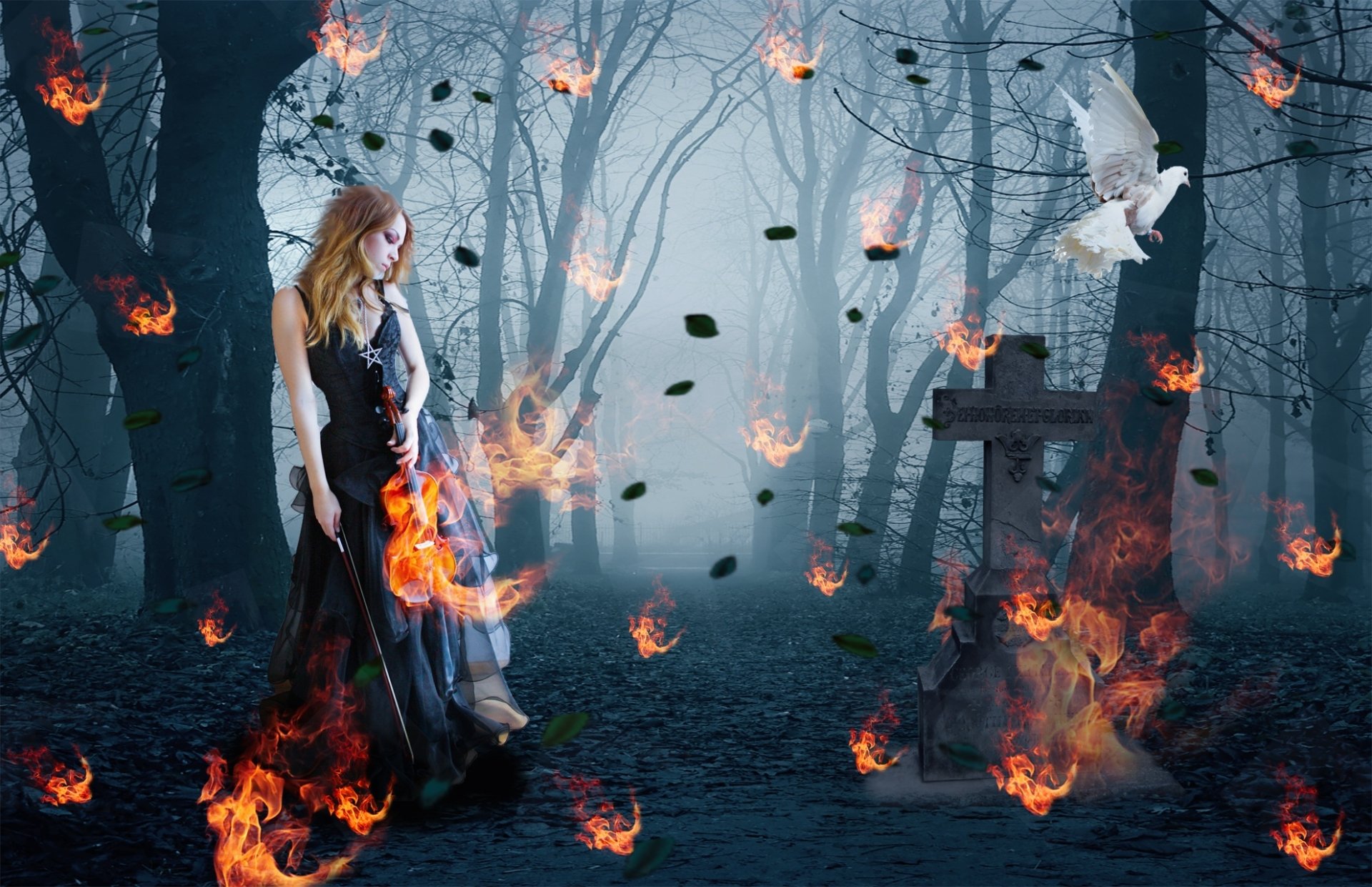 Download Violin Violinist Dove Bird Cross Headstone Flame Dark Gothic ...