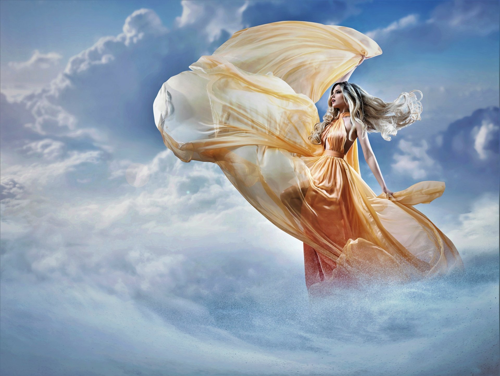 Download Blonde Long Hair Yellow Dress Model Sky Cloud Woman Artistic ...