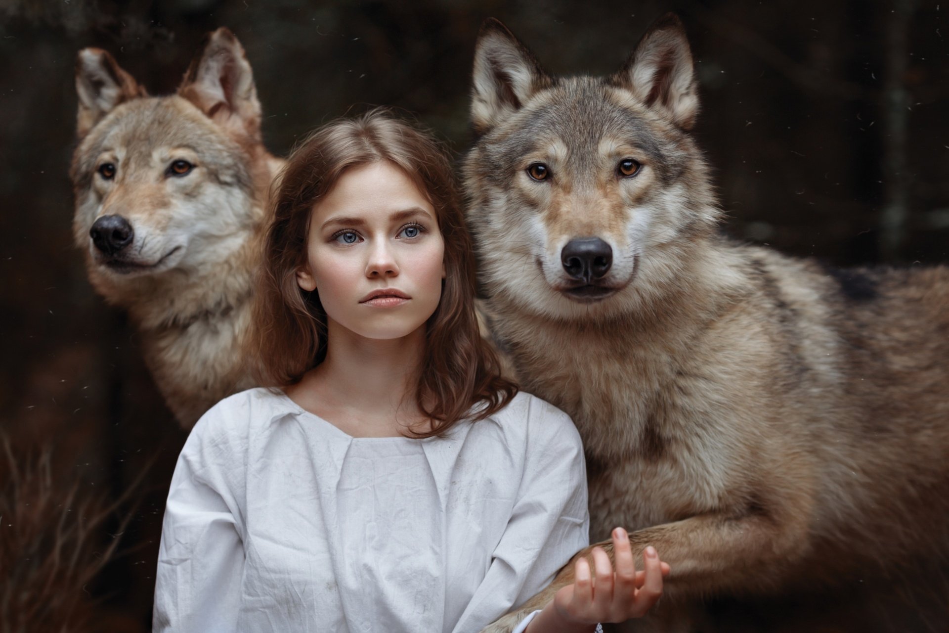 Brunette Beauty with Wolves - HD Wallpaper
