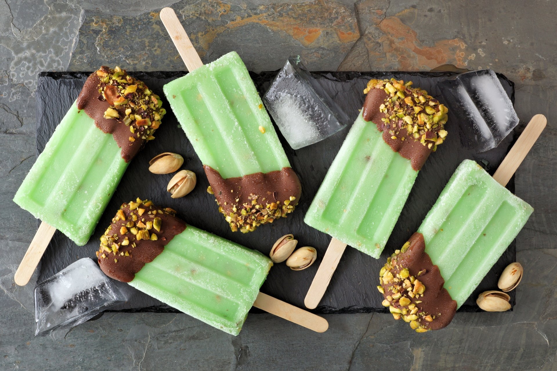 Chilled Pistachio Popsicles with Ice Cubes | 4K Ultra HD Food Wallpaper